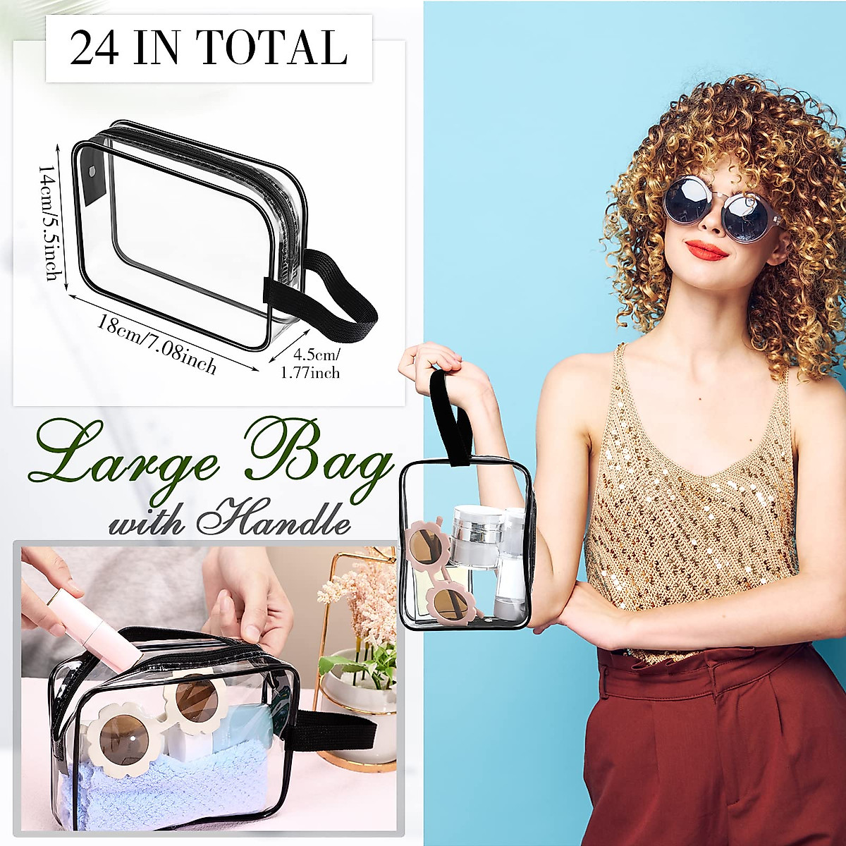 Silkfly 24 Pcs Clear Toiletry Bag PVC Travel Cosmetic Bag with Handle Strap Makeup Bag Vacation Valentine Salon Gift(Black)