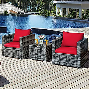 SAWQF 3 PC Patio Rattan Furniture Bistro Set Cushioned Sofa Chair Table Red