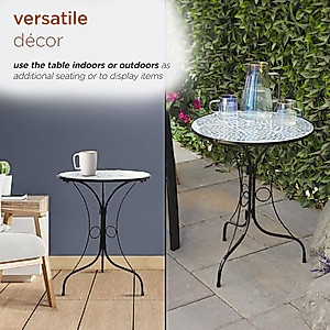 Alpine Corporation 18" Round Indoor/Outdoor Metal Decorative Table with Blue Mosaic Tile Top