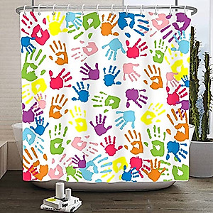 NTETSN 4 PCS Watercolor Shower Curtain, Handprint in Rainbow Color Bathroom Curtain Sets for Kids,Non-Slip Rugs, Toilet Lid Cover, Bath Mat, 12 Hooks for Curtain 72x72 Inch SETYYNT4