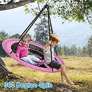 43” 700lbs Saucer Tree Swing,All-Weather Resistant Textilene Swing,360 Degree Spin,w/ 1 Swivel,2 Adjustable Ropes&Long Straps,Easy to Install,Comfortable for Kids Backyard,Playground (Pink)