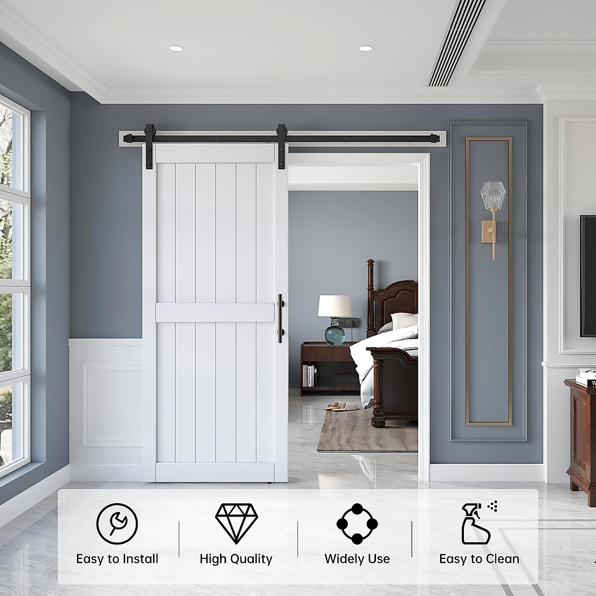 Finosen 36in x 84in White Barn Door Slab with 6.6FT Sliding Door Hardware Kit,Waterproof,Anti-Scratch,DIY Easy Assembly,Easy to Clean,H Frame