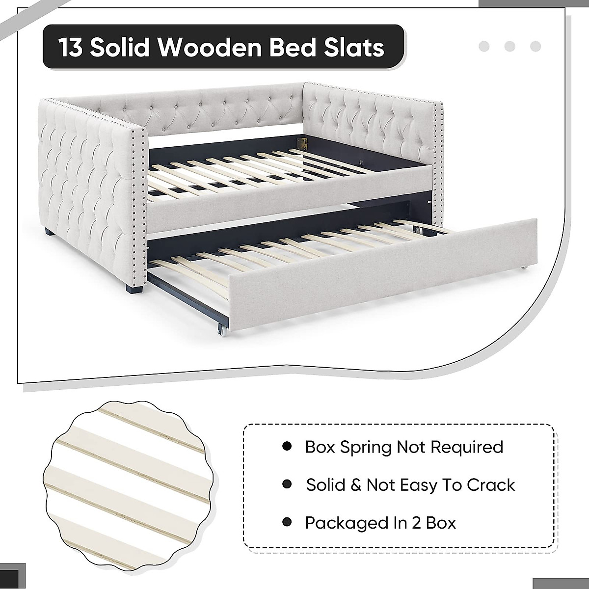 Antetek Daybed with Trundle, Modern Upholstered Full Size Button-Tufted Sofa Bed Frame with A Roll-Out Trundle, No Box Spring Needed, Furniture for Bedroom Living Room Guest Room (Beige, Full)