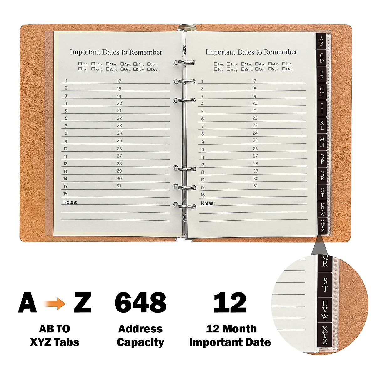 Happyaokeland Refillable Address Book with Alphabetical Tabs, Hardcover Phone Book 648 Contact Book w/Pockets, Large Print Address Books for Seniors, A5, Brown