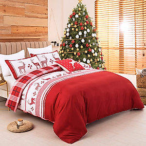Christmas Duvet Cover Set King, Reversible Reindeer Red Plaid Comforter Cover with Zipper Closure, 3 Pieces Soft Microfiber New Year Xmas Holiday Bedding Cover Set with 2 Pillowcases