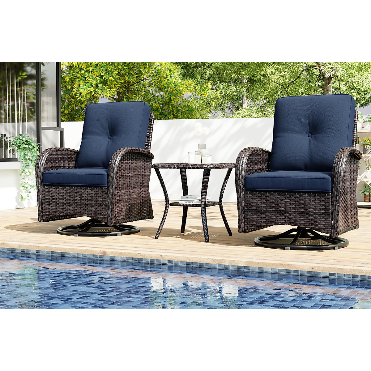 MeetLeisure Patio Swivel Glider Wicker Chairs - Outdoor Swivel Rocking Chairs Set of 2 with Wicker Side Table, Outdoor Swivel Rocker Chair Set 3 Piece Patio Furniture Set(Brown/Blue)