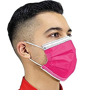 4-Ply Breathable Disposable Face Mask - Made in USA - Comfortable Elastic Ear Loop Multiple Colors (10, Hot Pink)