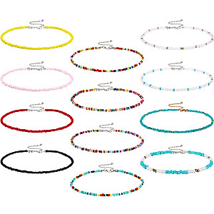 Hicarer 12 Pieces Boho Seed Bead Choker Necklace Colorful Bead Necklaces Rainbow Beach Bead Choker Necklaces for Women