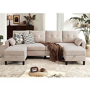 Tornama 101" Sectional Sofa Couch, Modern Polyester Convertible U Shaped Couch with Double Chaise and Storage Pocket, 4-Seat Sofa Set for Living Room, Beige