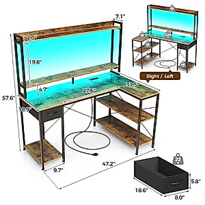 Seventable Gaming Desk with LED Light & Power Outlets, 47 inch Computer Desk with Shelves, Reversible L Shaped Desk with Monitor Stand, Corner Desk for Small Space, Rustic Brown