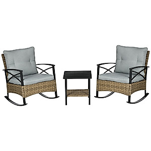 Outsunny 3 Piece Patio Rocking Chair Set, Outdoor Wicker Bistro Set with 2 Cushioned Porch Rockers, 2 Tier Coffee Table, for Gaden, Patio, Light Gray