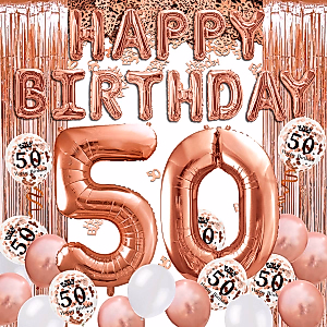 MOVINPE 50th Rose Gold Birthday Party Decoration, Happy Birthday Banner, Jumbo Number 50 Foil Balloon, 2 Rose Gold Fringe Curtain, Latex Confetti Balloon, Table Confetti for Girl Women Anniversary