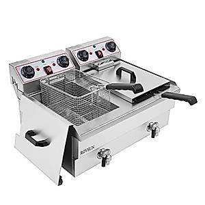 ROVSUN 24.9QT/ 23.6L Electric Deep Fryer w/Frying Baskets Timer Drains & Lids, Dual Tank Kitchen Countertop Commercial Frying Machine, Adjustable Temperature, 3400W 110V 60HZ