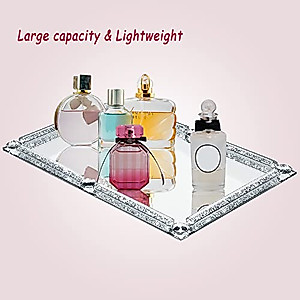 HMRCYTE Crystal Glass Mirror Tray, 11.8" x 7.9" Crushed Diamond Silver Perfume Makeup Display Tray, Noble Jewelry Trinket Vanity Tray, Ornate Rectangular Cosmetics Dresser Tray for Home Decor