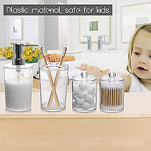 Plastic Clear Bathroom Accessories Set Complete 4 Pcs - Soap Dispenser, 2 Qtip Holder Jars and Toothbrush Holder, Counter Decor