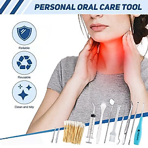 9 Pieces Upgraded Tonsil Stone Removal Set Include Stainless Steel Tonsil Stone Remover Tool Led Light Tongue Cleaner Scraper Tweezer，Cured Syringe for Oral Care (Blue)