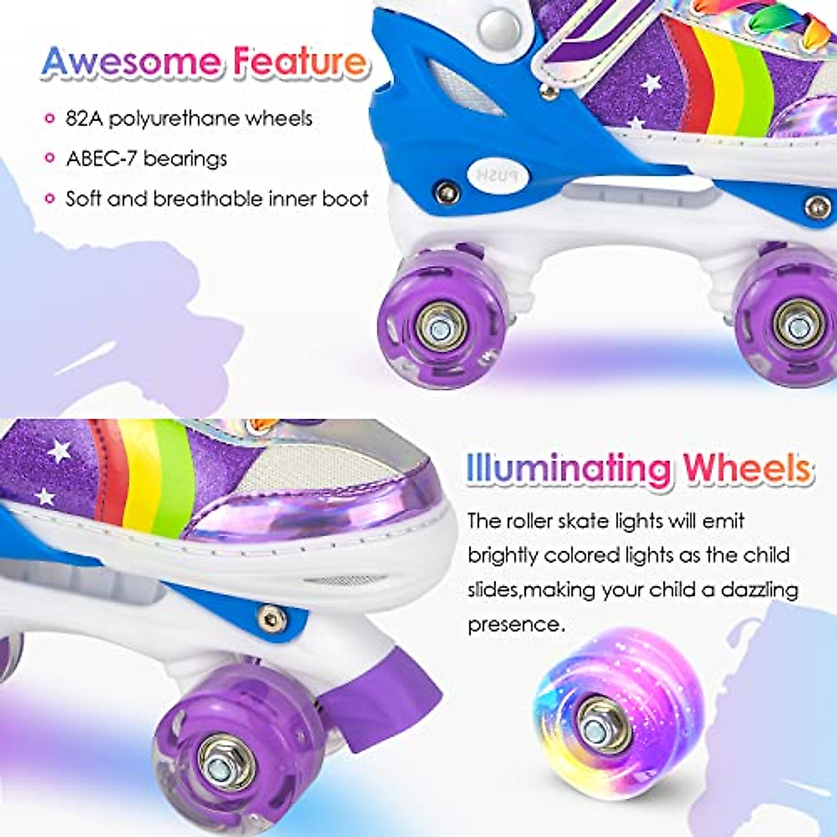 Hawkeye Roller Skates for Girls, 4 Sizes Adjustable Roller Skates for Kids Girls Boys Outdoor Indoor with Light up Wheels (Purple S)