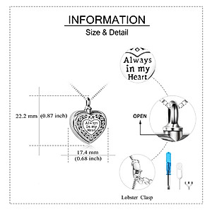 ONEFINITY Sterling Silver Locket for Ashes Always in My Heart Urn Necklace for Ashes Heart Locket That Holds Pictures for Women Ashes Necklace Keepsake Memorial Ash Jewelry