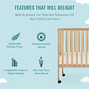 Dream On Me Quinn Full-Size Folding Crib in Natural, Removeable Wheels, Modern Nursey, Adjustable Mattress Support, Portable Crib, Patented Folding System