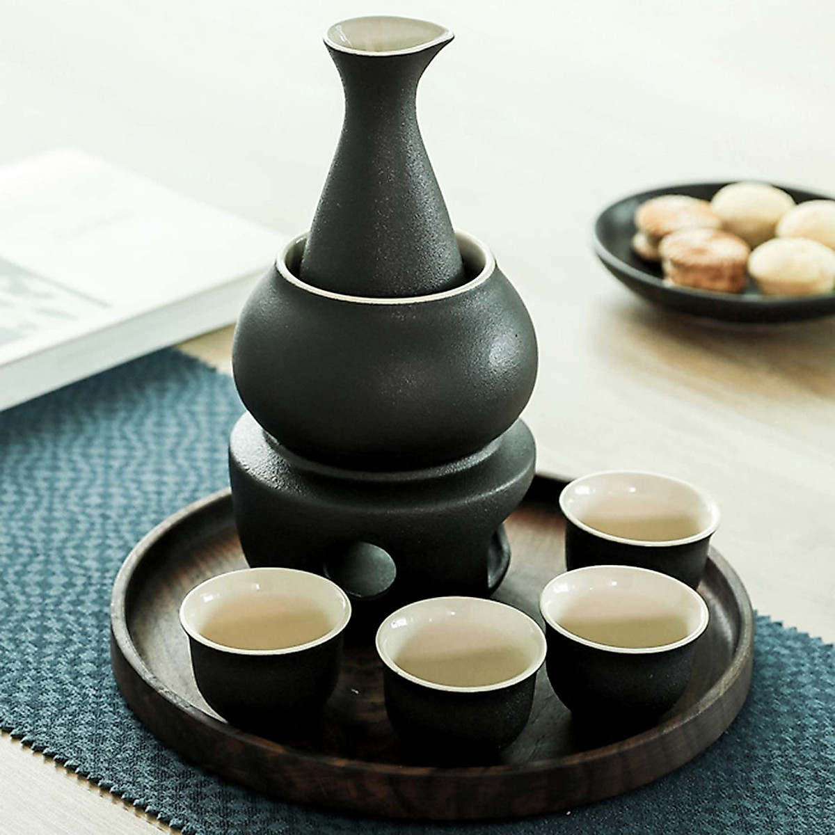 Tosnail 7 Pieces Ceramic Japanese Sake Set with Warmer, Hot Saki Set - Black