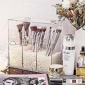 YestBuy Acrylic Makeup Brush Holder, Clear Makeup Brush Organizer For Vanity, Cosmetic Brush Storage Box with Pink Pearls, For Bathroom, Bedroom, Vanity Countertop