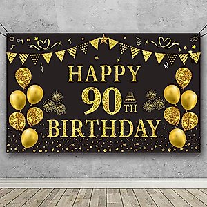 Trgowaul 90th Birthday Backdrop Gold and Black 5.9 X 3.6 Fts Happy Birthday Party Decorations Banner for Women Men Photography Supplies Background Happy Birthday Decoration