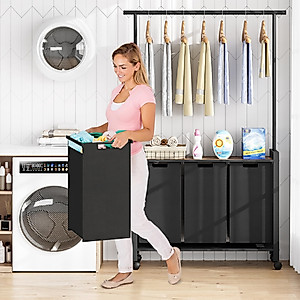 IDEALHOUSE Laundry Sorter, Rolling Laundry Hamper with Hanging Rack, Laundry Hamper 3-Section with Wheels, Hampers for Laundry, Laundry Basket Organizer for Laundry Room, Rustic Brown