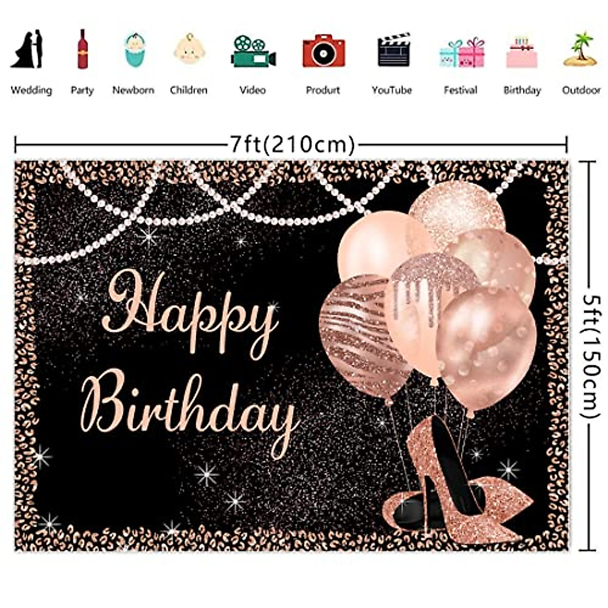 Wollmix Rose Gold Happy Birthday Decorations for Women Banner Backdrop 7x5ft Party Sweet 16 Girls Balloons Glitter Dots High Heels Photography Background Supplies Photo Booth Studio Cake Table