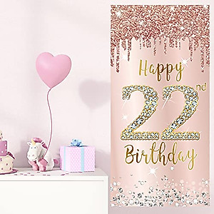 22nd Birthday Door Banner Decorations for Women, Pink Rose Gold Happy 22 Birthday Door Cover Sign Party Supplies, Twenty Two Year Old Birthday Backdrop Poster Background Decor