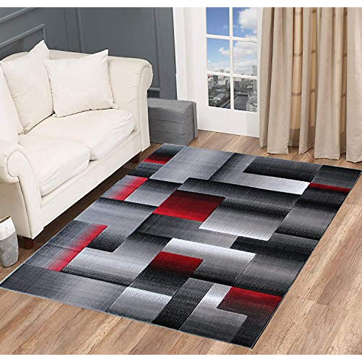 Champion Rugs Squares Modern Geometric Hand Carved Red Grey Black Area Rug Easy to Clean Stain & Fade Resistant Soft Plush Bedroom Living Room Contemporary Dining Accent (7’ 8” X 10’ 8”)