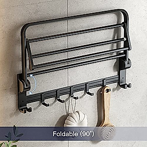 24 Inch Towel Rack with Towel Bar Holder Foldable Towel Shelf with Movable Hooks Rustproof Towel Storage Wall Mount for Bathroom Lavatory Matte Black