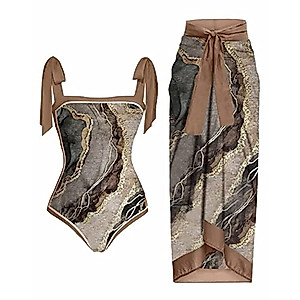 ZDRZK Sexy one Piece Swimsuit for Women Womens Sexy Bikini Set with Matching Beach Cover Ups Retro Floral Print Two Piece Bathing Suit Sleeveless Swimsuit Coffee M