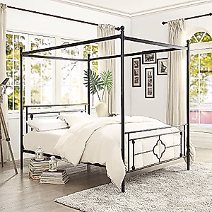 Priyas Home Black Metal Canopy Frame Quatrefoil Pattern Platform Bed with Ball Finials, Queen Size