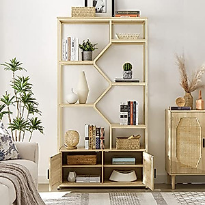 JIJIWANG 7 Tiers Bookshelfs and Bookcases, Natural Rattan Bookshelf Storage Rack 75.6" H x39.4 W Bookshelves with 6 Dispaly Storage Rustic Home Decor, Bedroom Living Room Office