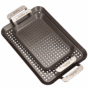 Camerons BBQ Grill Topper Grilling Pans (Set of 2 - Non-Stick Barbecue Trays w Stainless Steel Handles - Indoor Outdoor use for Barbecue & Smoked Meat, Vegetables & Seafood - Grill Accessory Gift Pack