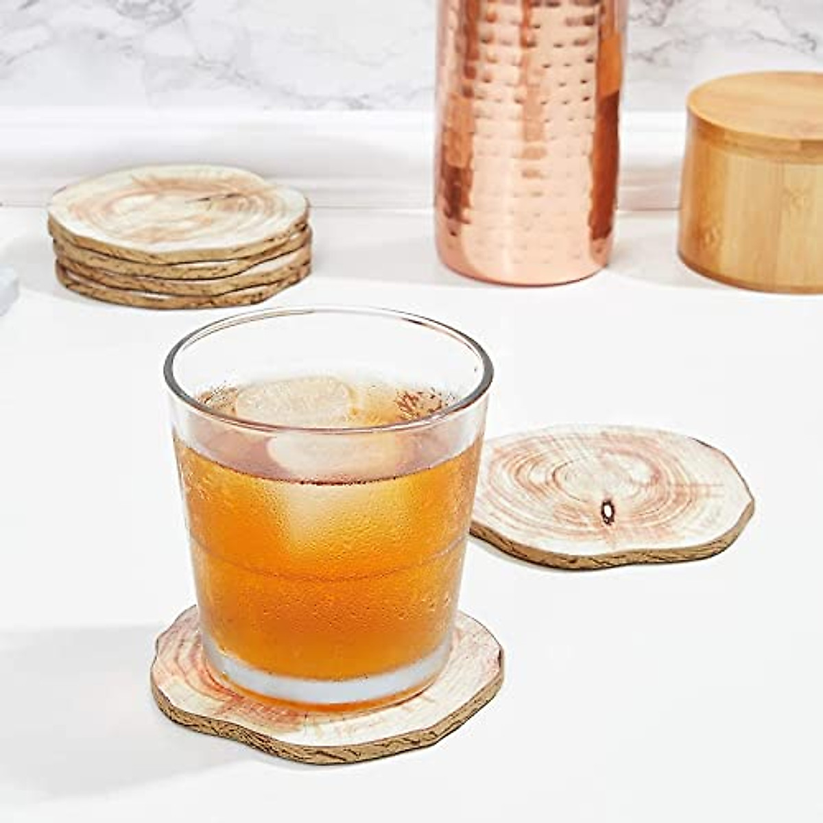 Juvale 6 Pack Round Textured Print Wooden Coasters for Drinks and Tabletops, Rustic Home Decor (3.9 in)