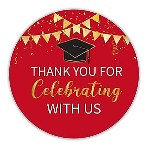 2" Red and Gold Graduation Thank You Stickers, 50 Congrats Grad Party Round Favor Sticker Labels.