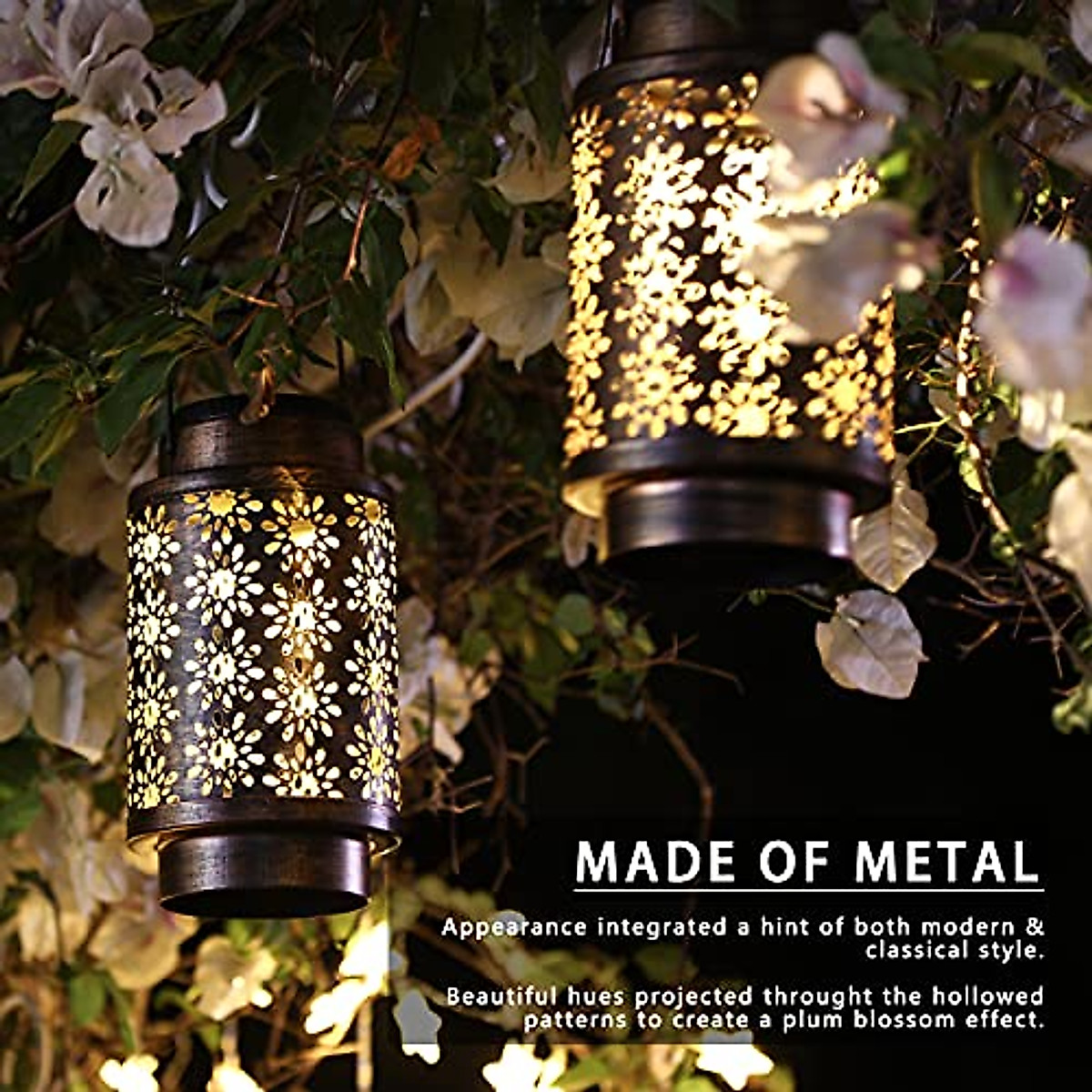 2 Pack Solar Lanterns Outdoor Hanging Retro Metal Landscape Lighting for Patio Yard Pathway Decorative, Crafted Garden Solar Lights Decor Indoor Long Lasting Performance Hollowed Out Pattern