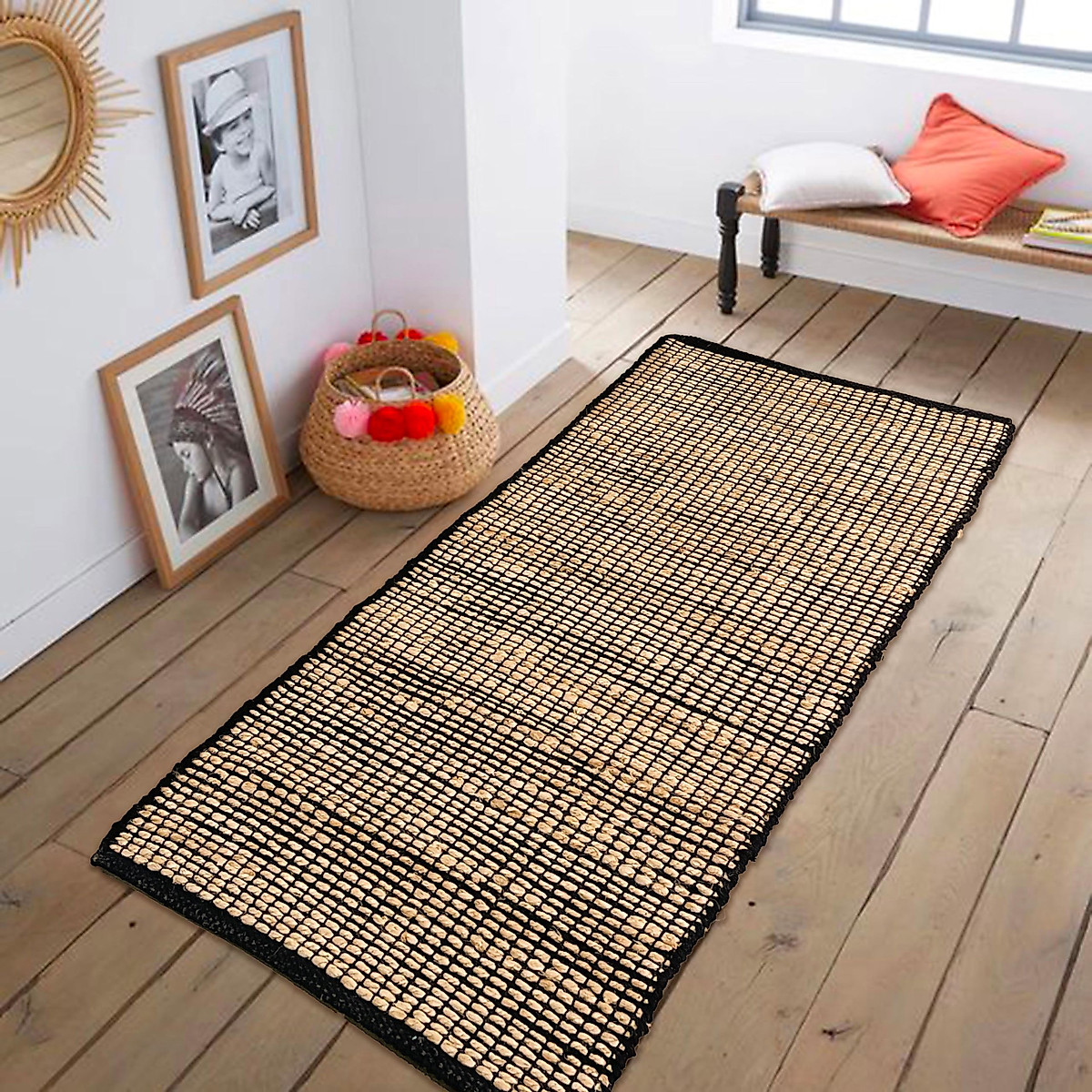 Chardin home Jute Rugs Collection- 2x5 Feet Jute Braids Rug, Boho, Rustic, Natural Jute/Black, Hand Woven Long Runner Rug for Bedroom, Living Room, Kitchen and entryways