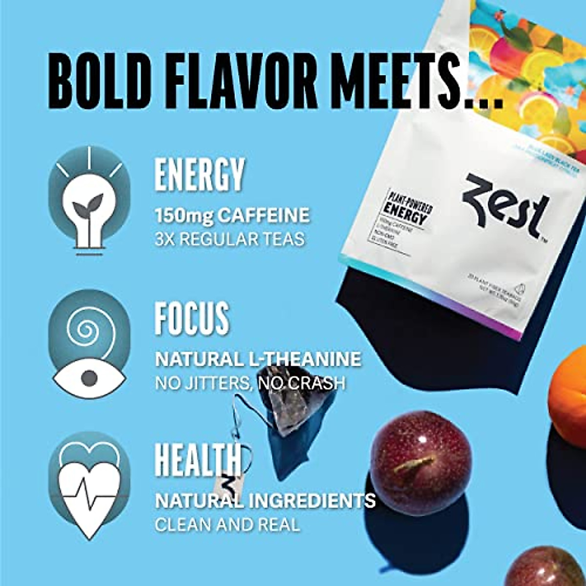 Zest 150mg High Caffeine Energy Leaf Blend - Blue Lady Black Tea - 20 Pack Bag - Hot or Iced - All Natural Strong Flavored Healthy Coffee Alternative Highly Caffeinated Substitute - Perfect for Keto