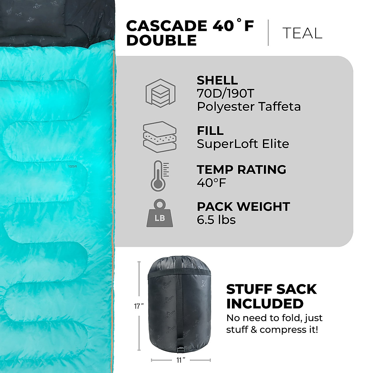 TETON Sports Cascade Double Sleeping Bag; Lightweight, Warm and Comfortable for Family Camping, Teal, 87" x 60"