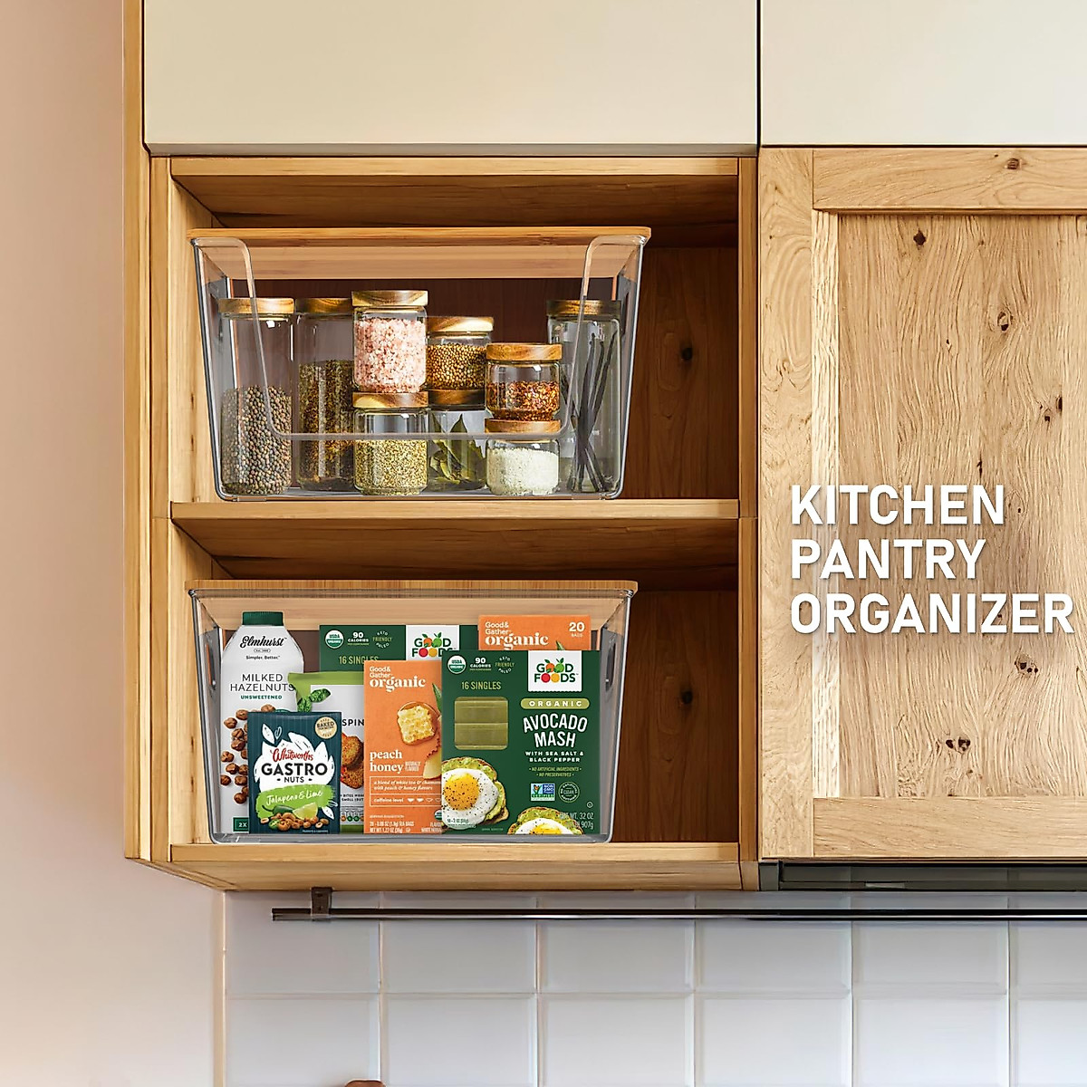 Stackable Storage Bin for Pantry Front Open & Enclosed Sets, Kitchen Counter Organizer Basket for Potato, Onion, Garlic, Fruit, Vegetable, Produce, Clear Plastic Storage with Lid&Handle(2+2Sets)