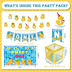 Poen 119 Pcs Sweet One Duck 1st Birthday Party Decorations Set Includes Balloons Backdrop Garland Monthly Photo Highchair Banner Tablecloth Cake Topper Balloon Box Cutout Crown for Duck Party Supplies