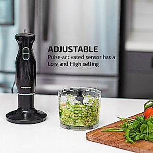 OVENTE Immersion Electric Hand Blender 300 Watt Power 2 Mix Speed with Stainless Steel Blades, Handheld Stick Mixer Set with Egg Whisk Attachment Mixing Beaker and BPA-Free Food Chopper, Black HS565B