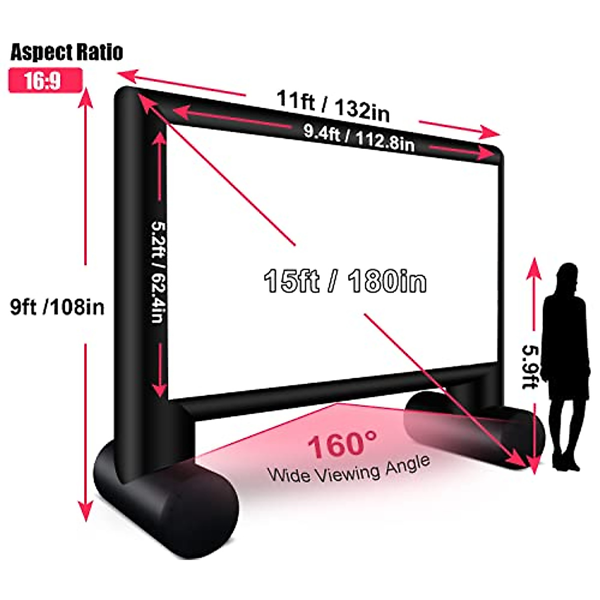 XHYCPY Inflatable Projector Screen 15ft Inflatable Movie Screen Outdoor with Air Blower and Storage Bag, Easy Set up, Front and Rear Projection for Outdoor Movie Night Backyard Pool Fun