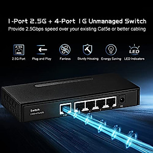 Binardat 5 Port Multi Gigabit Switch, 1 x 2.5 Gigabit and 4 x 1 Gigabit Ethernet RJ-45 Ports, Metal Fanless, Desktop and Wall Mount, Unmanaged Plug & Play Network Switch