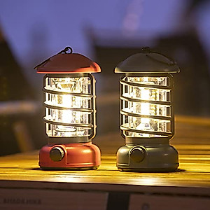 [2 Pack] White + Warm Light LED Simple Outdoor Camping Lantern - Battery Powered, Vintage Waterproof Lanterns with Hook, Remote Control, Hanging Garden Lights, Christmas Decorative Lanterns