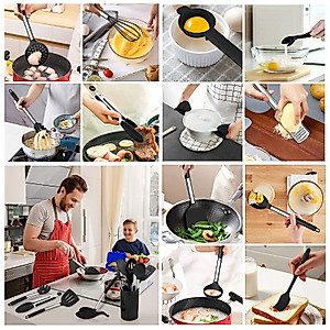 LIANYU Kitchen Cooking Utensils Set, 35-Piece Silicone Cooking Utensils Spatula Set with Holder, Non-stick Heat Resistant Cookware with Stainless Steel Handle, Black