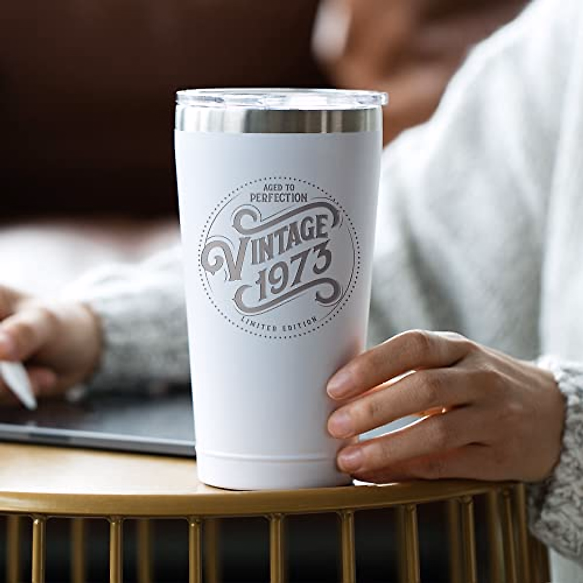 Sodilly Coffee Tumbler - Vintage 1973 Design - Ideal for 50th Birthday Celebrations - 50th Birthday Cups for Women - Vintage Tumbler - 50 Fabulous - Insulated Stainless Steel Tumbler - 16 oz White