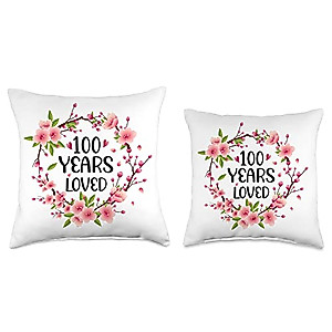 100 Years Old Birthday Gifts for Women and Men Floral Old 100th Birthday Women 100 Years Loved Throw Pillow, 16x16, Multicolor